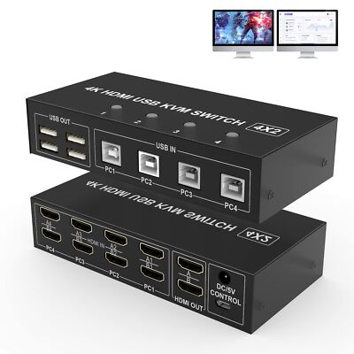 4 Port HDMI KVM Switch Dual Monitor - 4K@60Hz Extended Display 2 ...