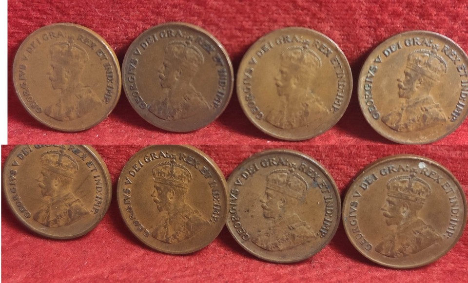 Set of Canada Small Cents George V 8 Coins 1920, 28, 29, 1932-36 ...