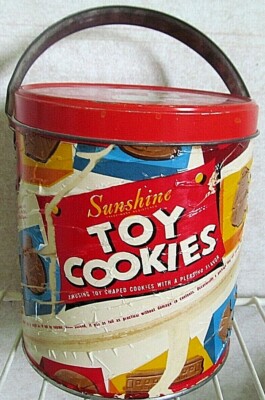 Vintage Sunshine Toy Cookies Tin only 5" Diameter 5-1/2" Tall Cardboard ...
