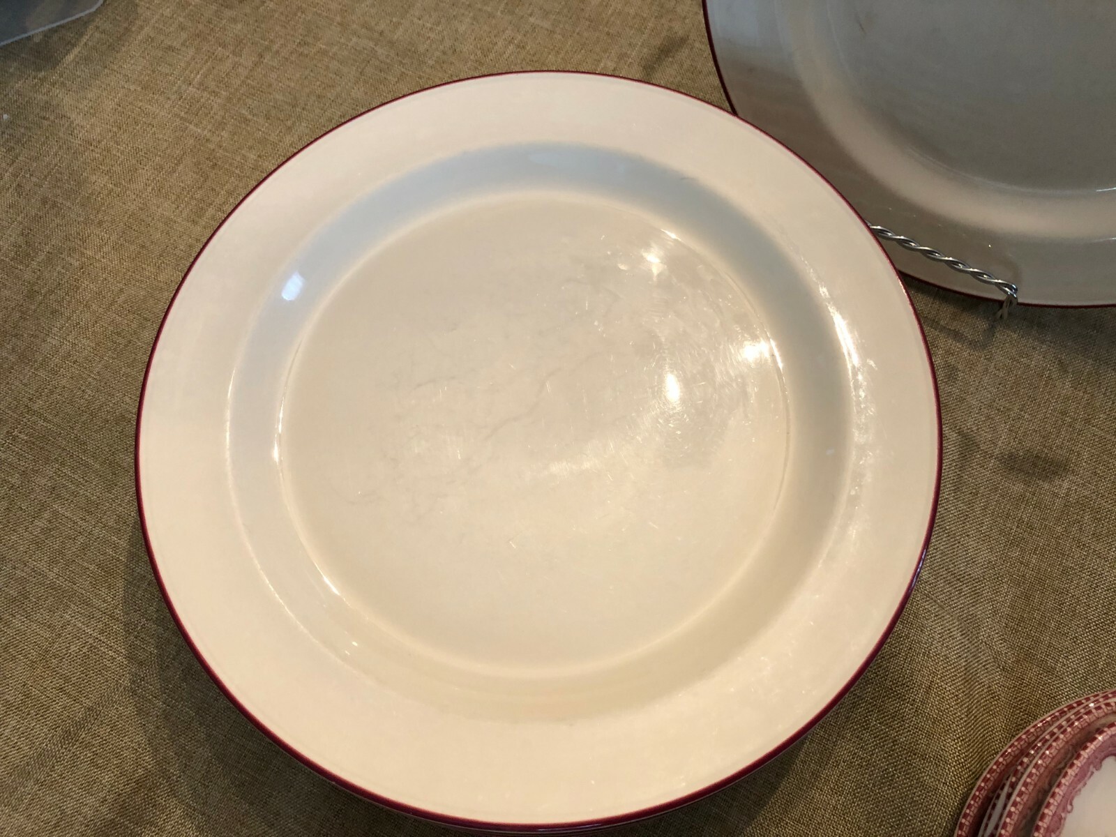 STEELITE DISHES 8-3/4INCHES TAN WITH RED TRIM. MADE IN ENGLAND 9 IN SET ...