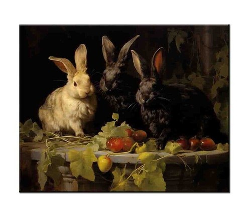 Bunnies Oil Painting Printed On Canvas-Rabbit Prints-Vintage Home Wall ...