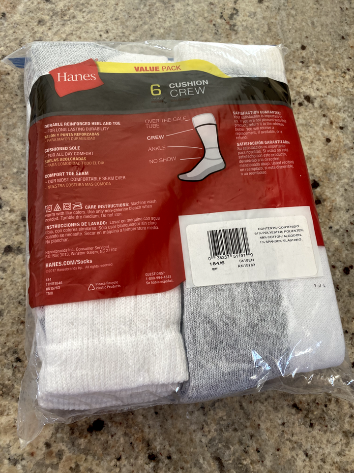 Mens - Hanes 6 Pack White Cushion Crew Socks 6- 12 Fresh IQ RN15763 NEW ...
