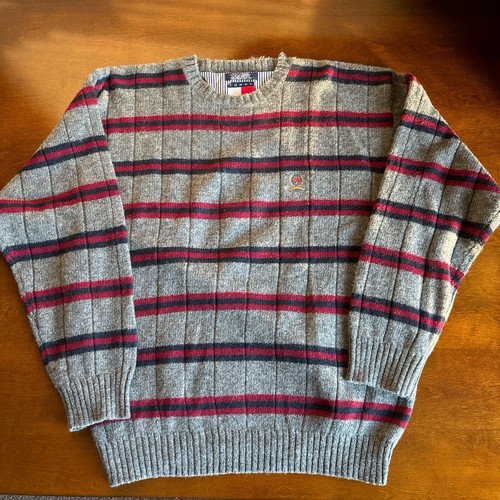 VINTAGE TOMMY HILFIGER CREST LOGO MEN SZ L RED/GREY STRIPED KNIT ...