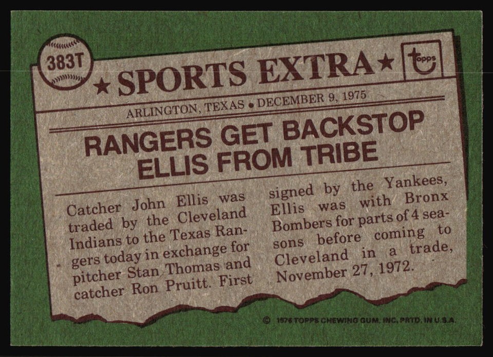 1976 Topps John Ellis #383T Texas Rangers | eBay