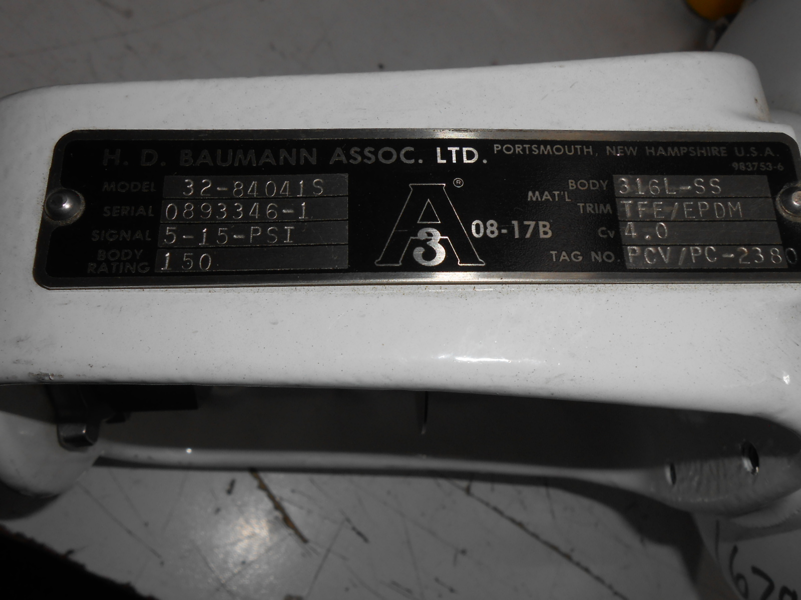H.D. BAUMANN MODEL 32-84041S 1" STAINLESS STEEL SANITARY CONTROL VALVE ...