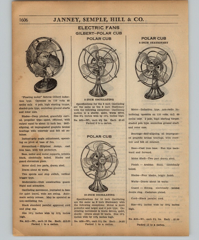 1934 PAPER AD 3 PG Gilbert Electric Fan 12" Polar Cub 16" Oscillating ...