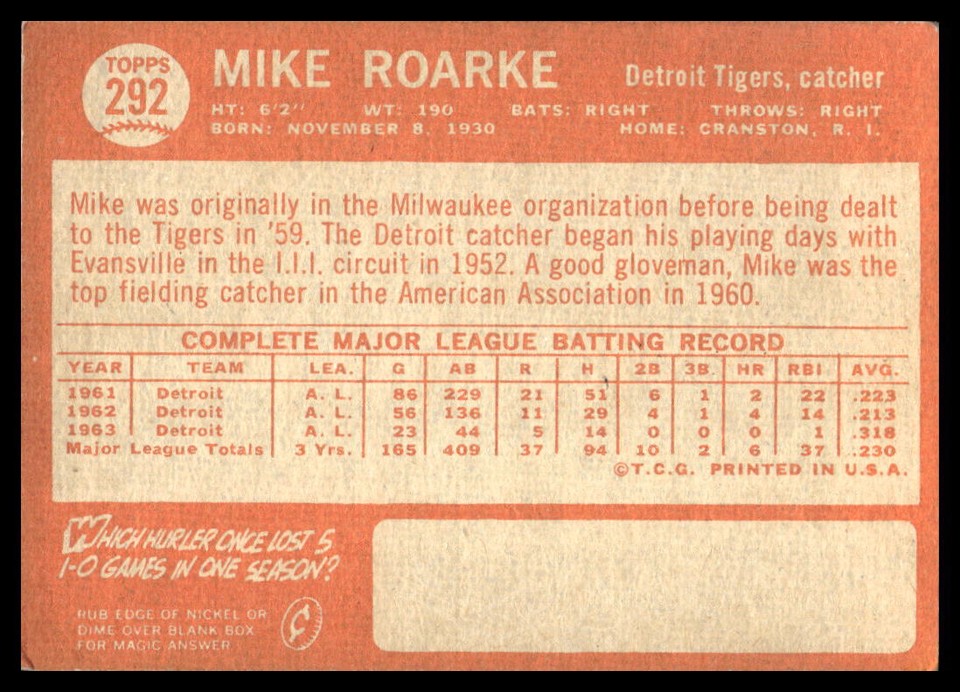 1964 Topps #292 Mike Roarke Detroit Tigers NR-MINT | eBay