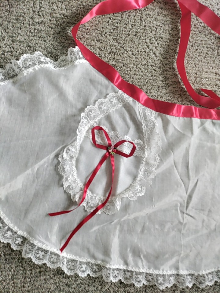 Sheer White Hostess Half Apron Pocket Lace Red Ribbon Sexy 50's Soda ...