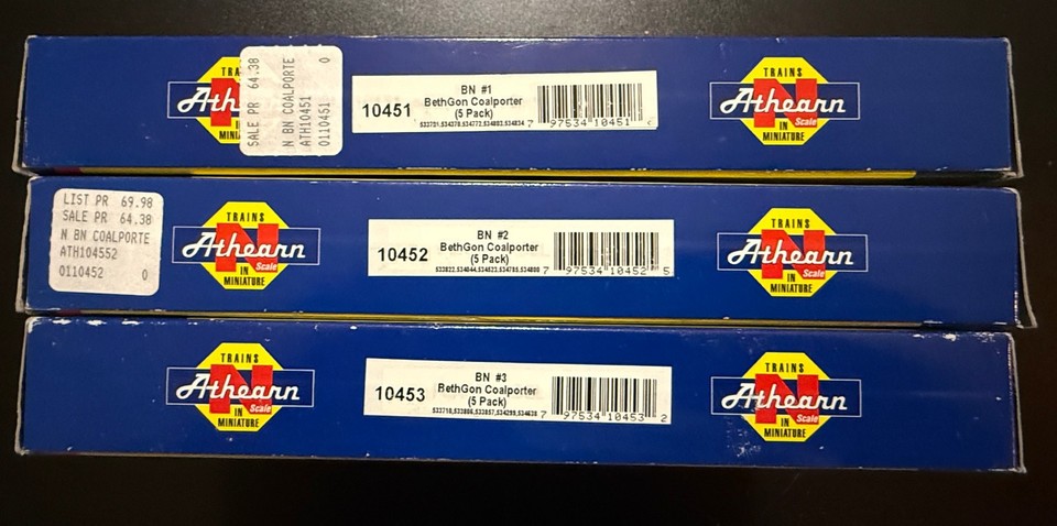 3 N-Scale Athearn 5 Packs of Burlington Northern (BN) BethGon ...