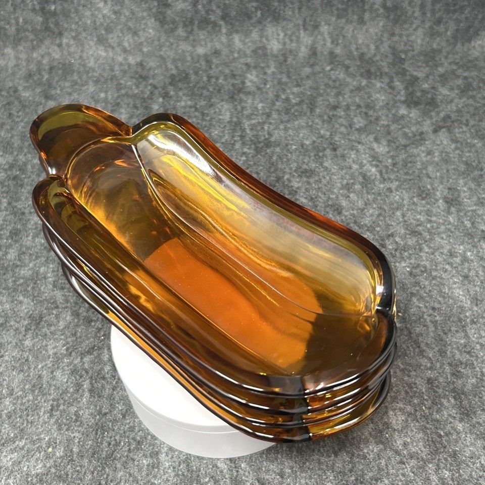 Vtg Honey Amber Glass Banana Boat Dishes Set of 4 Classic Ice Cream ...