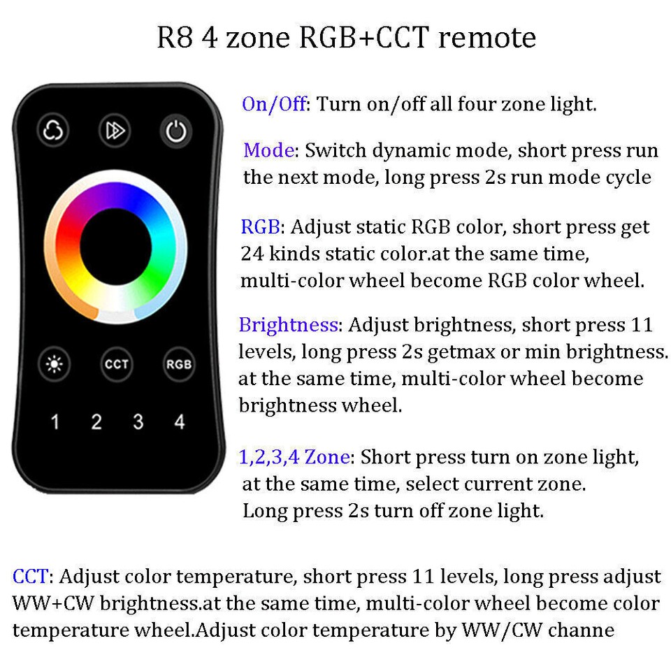 2.4G RGB+CCT RF LED Strip Controller Dimmable 12V 24V + 4 Zone Remote ...