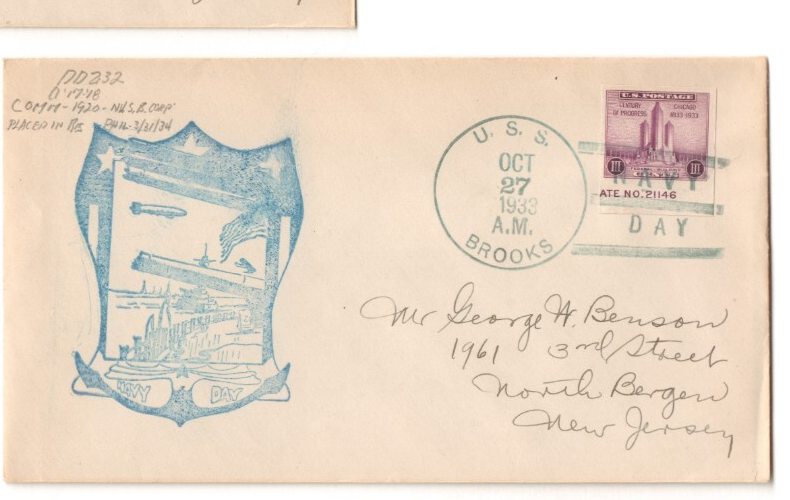 USS BROOKS DD-232 Destroyer 10/27/33 MACON ZEPPELIN Cachet NAVY DAY ...