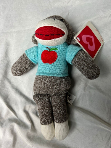 10" Dan Dee Sock Monkey Gray Blue Shirt Red Apple plush stuffed animal ...