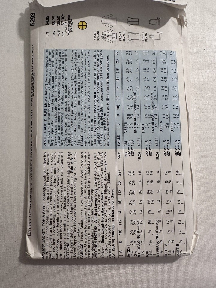 Vintage Butterick Sewing Pattern 6293 Size 12-14-16 Skirt Top Jacket ...