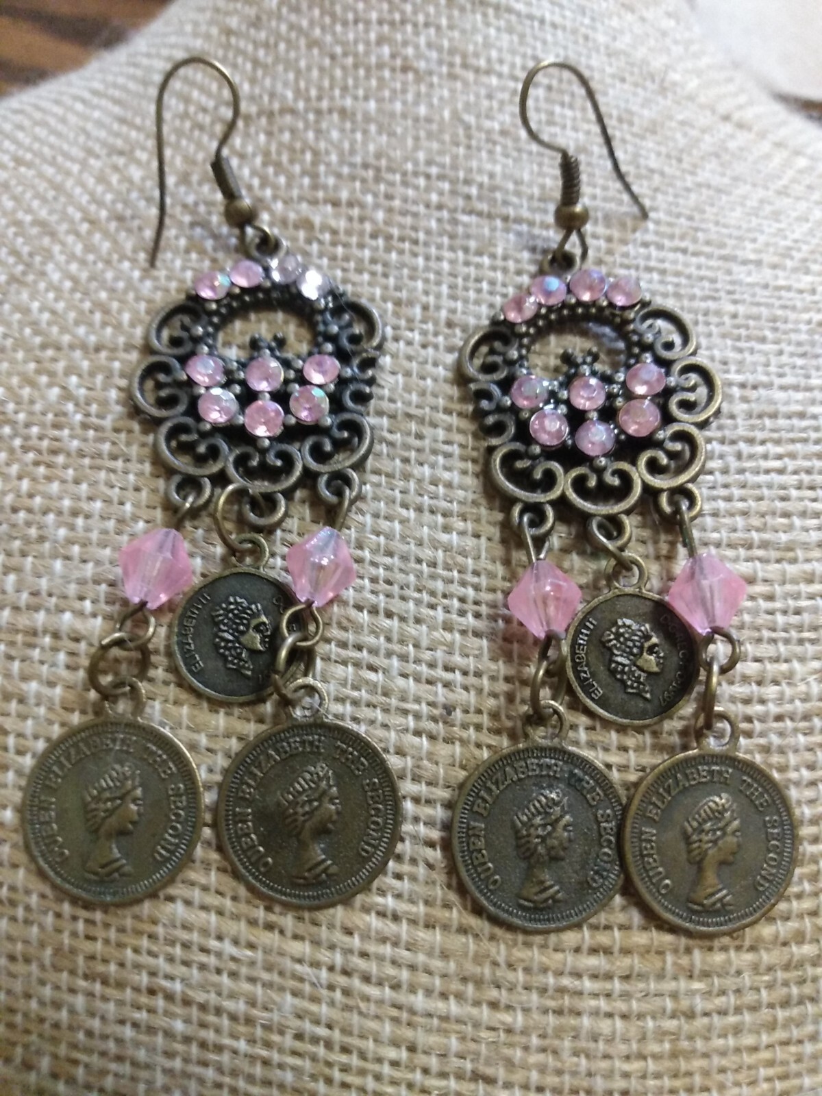 Queen Elizabeth II Dangle Earrings Bronze Faux Coin P… - Gem