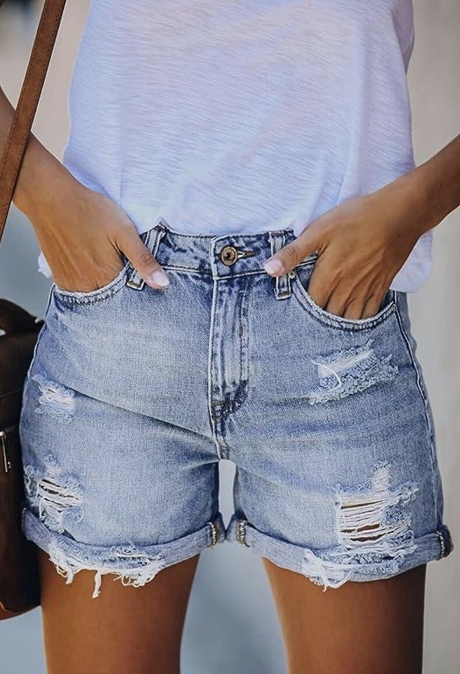 New Women's High Waisted Denim Shorts Ripped Hem Frayed Distressed ...