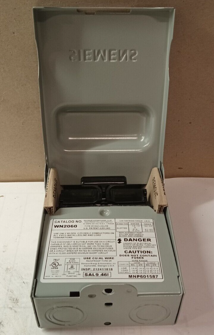 NEW SIEMENS WN2060 60 AMP ENCLOSED PULL-OUT SWITCH NON-FUSED 1-PHASE ...