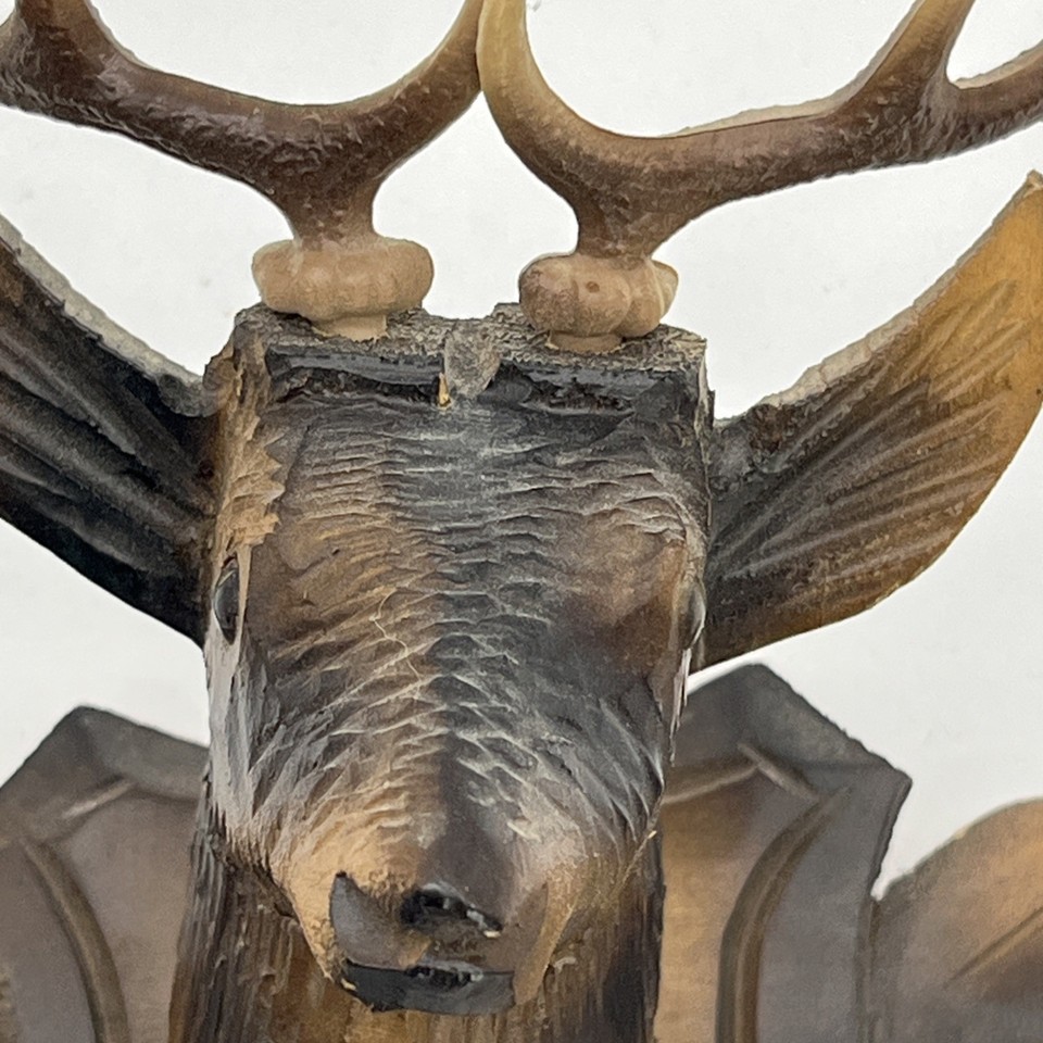 Black Forest Wooden Cuckoo Clock Topper Deer Stag Head Oak Leaves ...