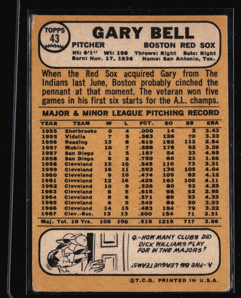 1968 Topps Gary Bell #43 Boston Red Sox L3 | eBay