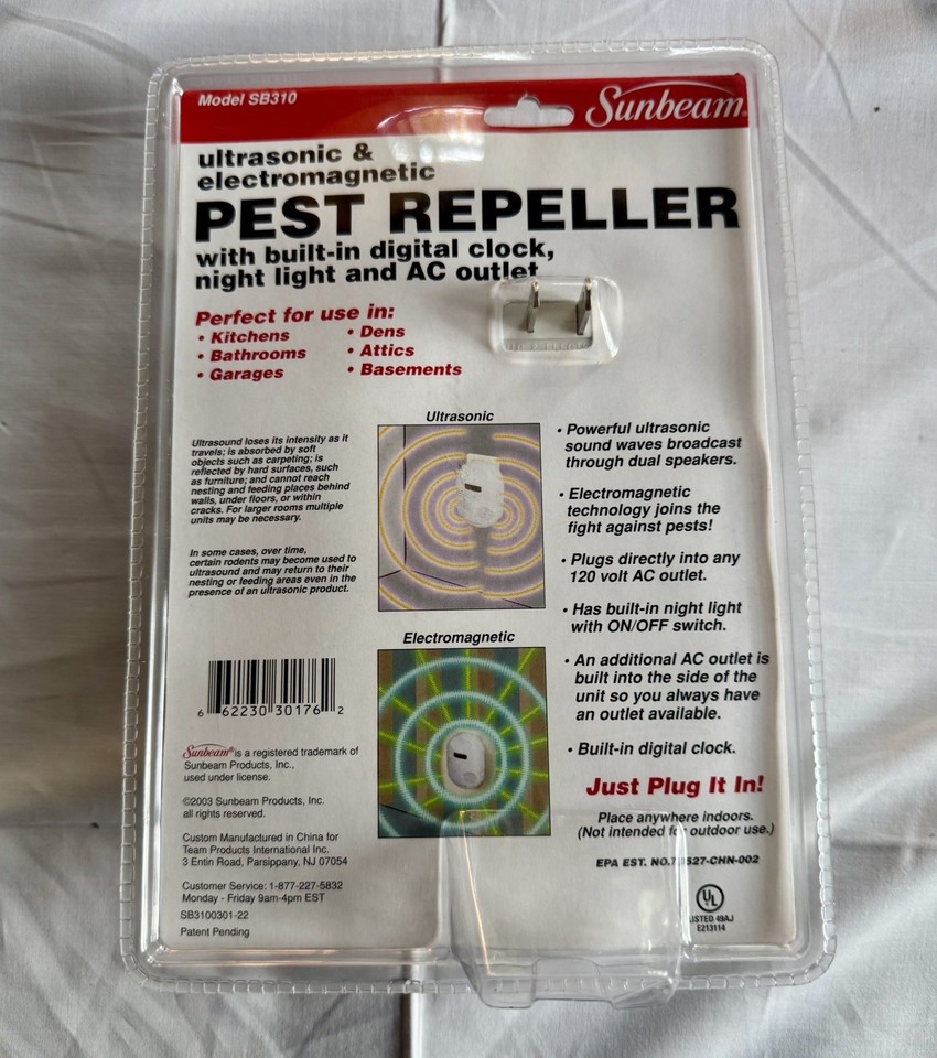 Sunbeam Ultrasonic & Electromagnetic Pest Repeller Nightlight/Clock ...