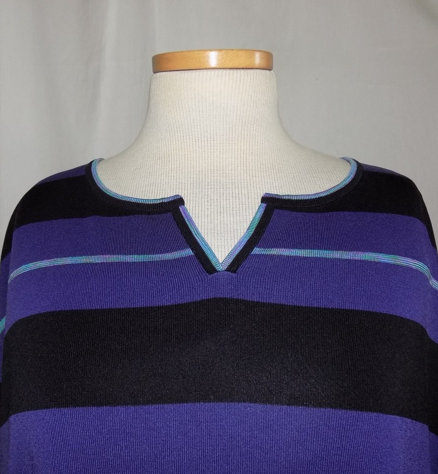 Misook Woman Purple/Black/Blue Striped Design Acrylic Knit 3/4 Slv ...