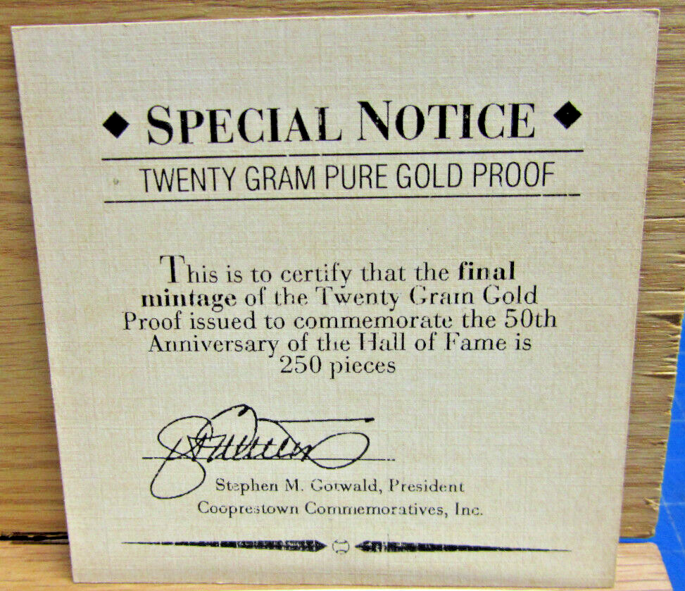 1989 NATIONAL BASEBALL HALL OF FAME 50TH ANNIVERSARY 22 GRAM PURE GOLD ...