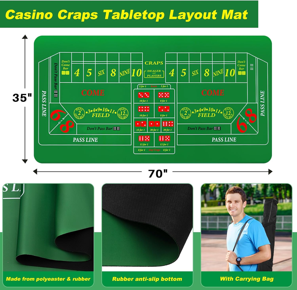 Craps Tabletop Game Set, Includes 35" X 70" Rubber Craps Tabletop ...