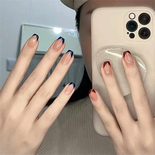 Retro Red Blue French False Nail Short Square Press on Nails for Nail ...