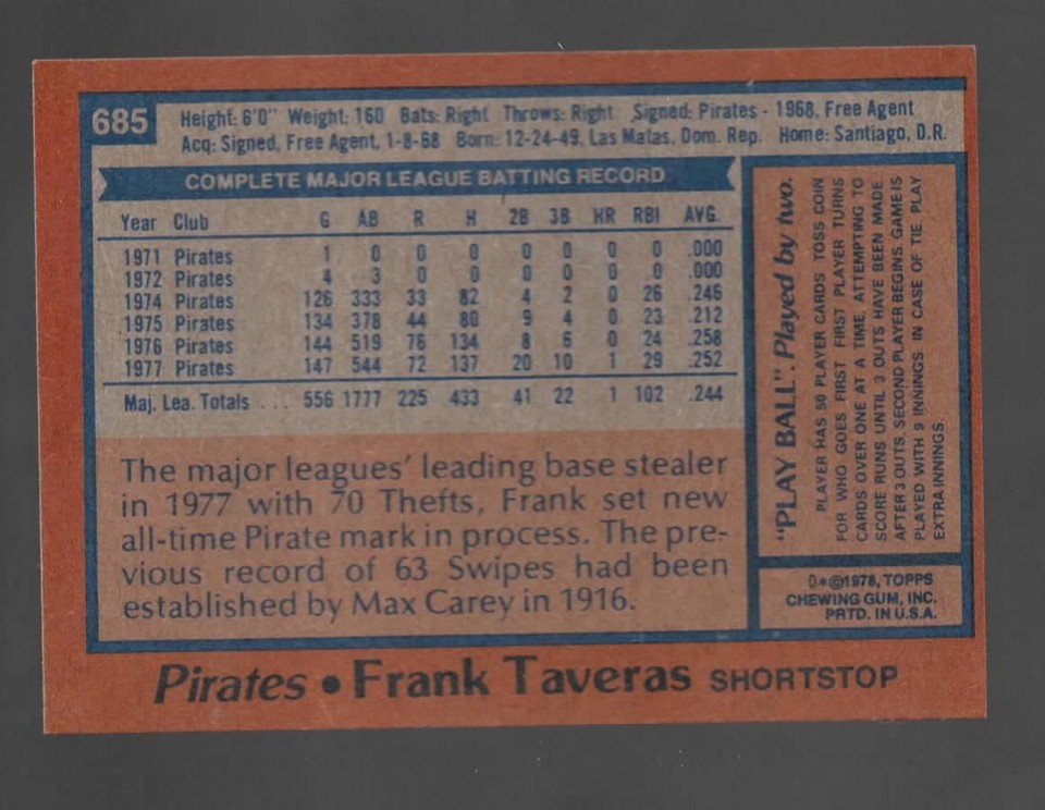 1978 Topps Frank Taveras Pittsburgh Pirates #685 Near Mint or Better | eBay