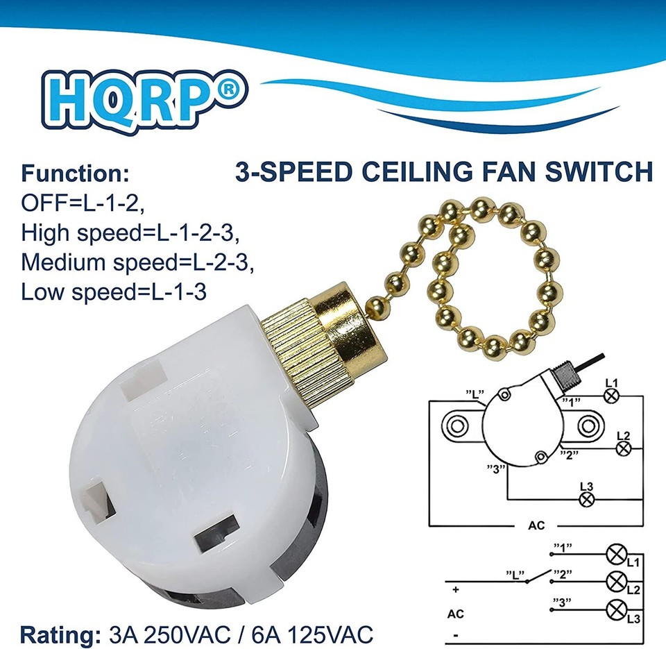 Switch 3-Speed 4-Wire Pull Chain Control for Harbor Breeze Ceiling Fan ...