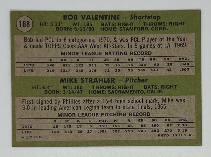 1971 Topps #188 Bob Valentine Mike Strahler Rookie Los Angeles Dodgers ...