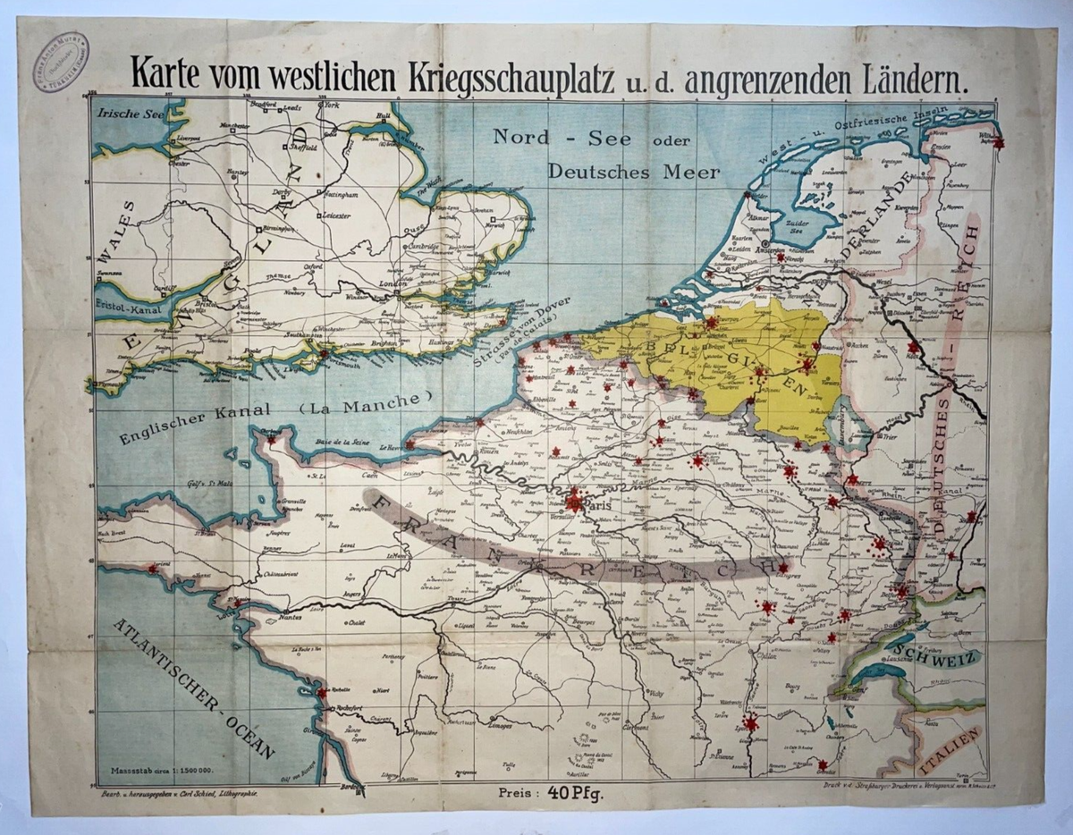 World War One Map World War I, 1914 1918, European Theater (Large Pull