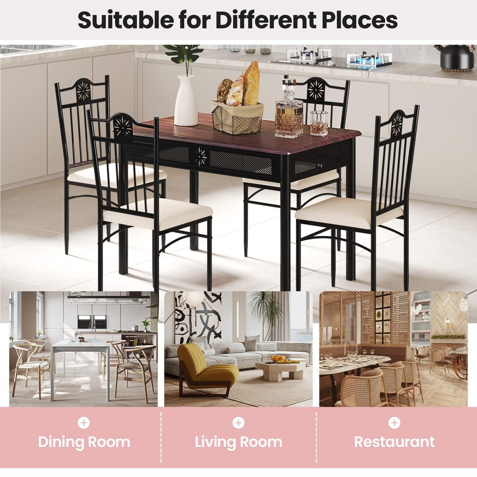 5 Piece Table Set Wood Top Metal Dining Table and Chairs Set Kitchen ...
