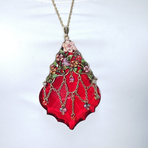 Vintage Large Lucite Gem Pendant Necklace W/ Enamel Floral Victorian ...