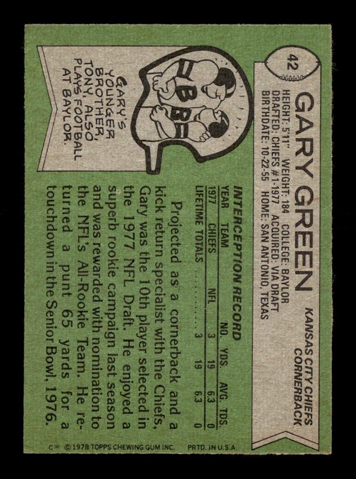 1978 Topps #42 Gary Green Kansas City Chiefs Rookie RC EX Football Card ...
