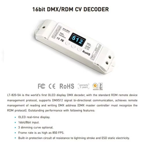 LTech LT-820-5A LED DMX RDM Decoder RGB/RGBW Strip Controller 5A/4CH 5 ...