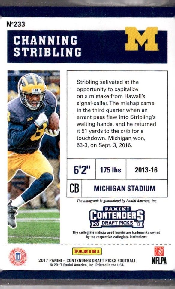 2017 Panini Contenders Draft Picks Channing Stribling Autographed ...