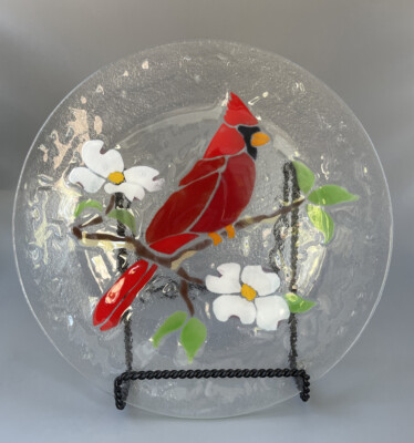 Signed Travis Collection Fused Glass Plate Cardinal Red Bird 10.5” | eBay