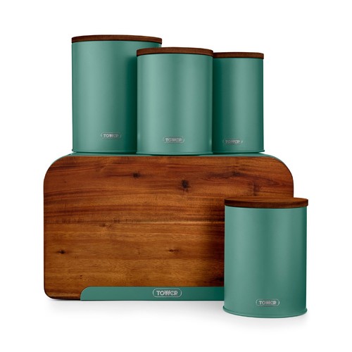 Tower Scandi Jade Kitchen Storage Set Bread Bin 3 Canisters & Biscuit ...