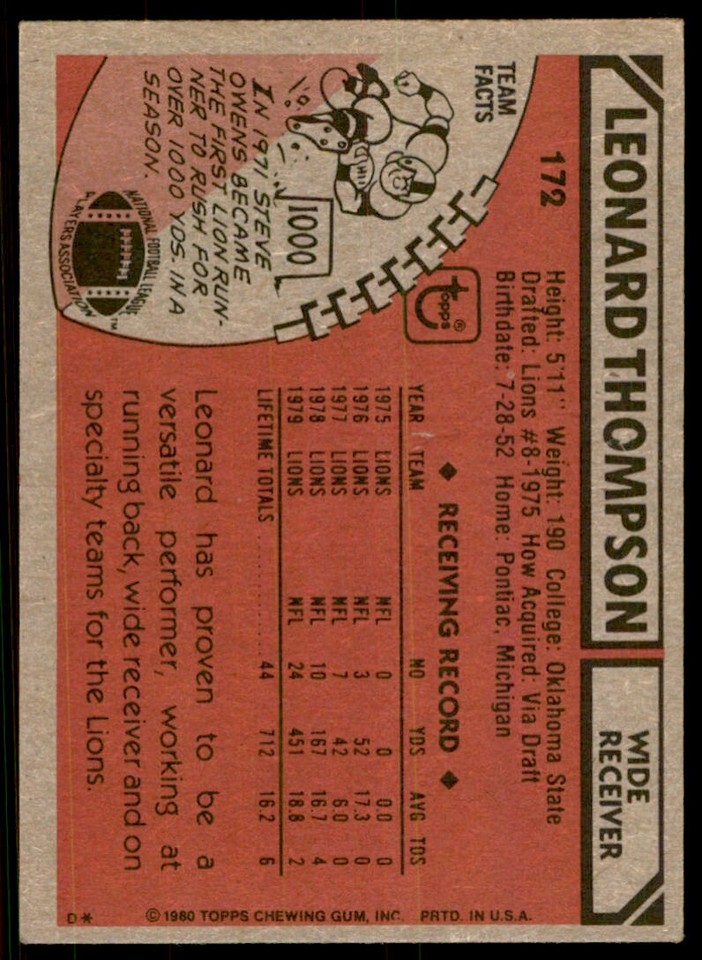 1980 TOPPS LEONARD THOMPSON DETROIT LIONS #172 | eBay