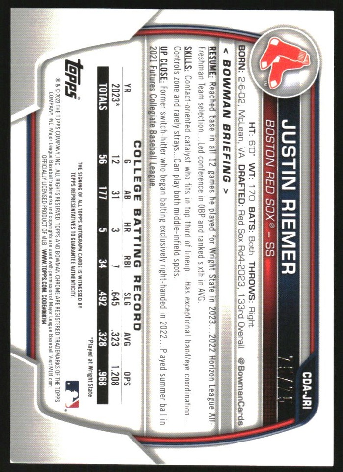 2023 Bowman Chrome Draft Autographs Black Refractors #CDAJRI Justin ...