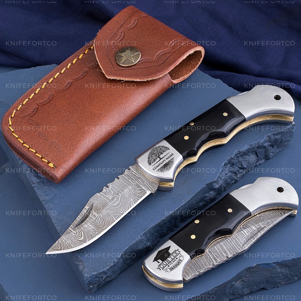 Damascus handmade back lock folding pocket knife camping Black horn ...