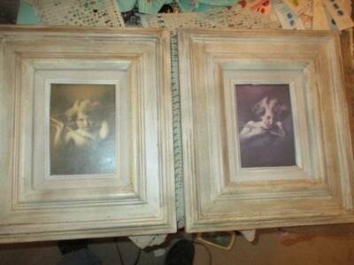 VINTAGE CUPID AWAKE & ASLEEP PICTURE PRINTS WOOD SHABBY FRAMES 13 X 15 ...