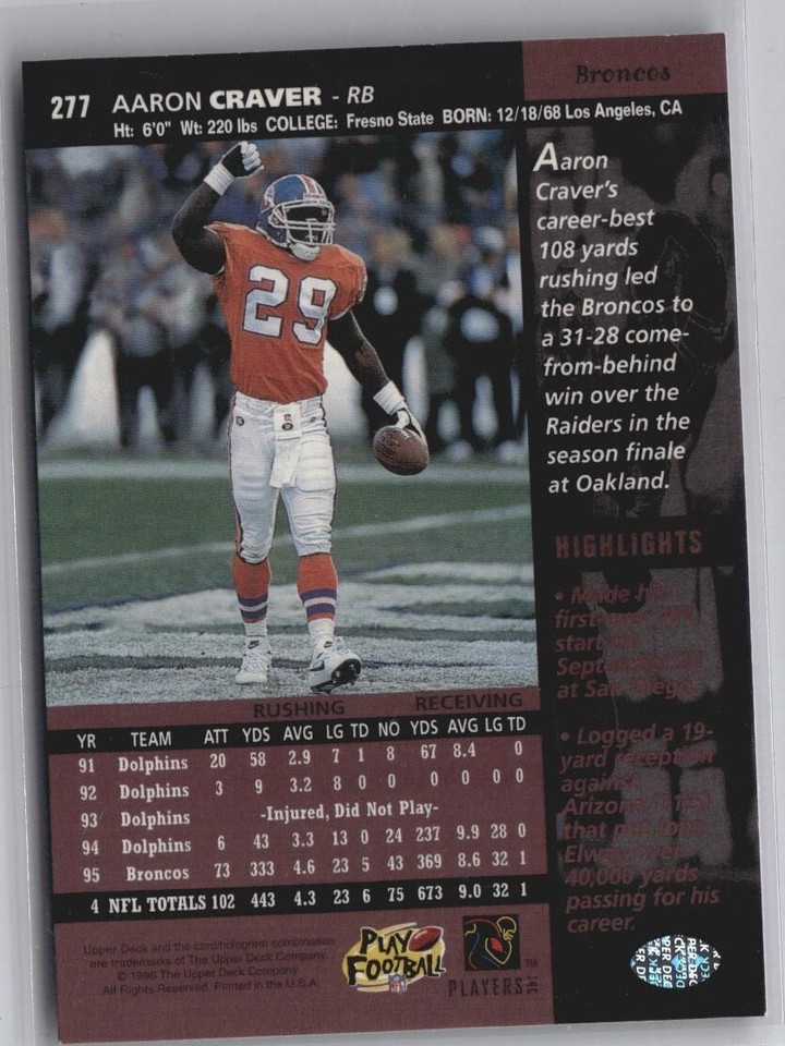 1996 Upper Deck Football Card #277 Aaron Craver | eBay
