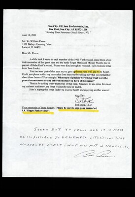FAN LETTER RESPONSE - BILLY PIERCE RE: MARIS 1961 HOMERUN CHASE, BAS ...