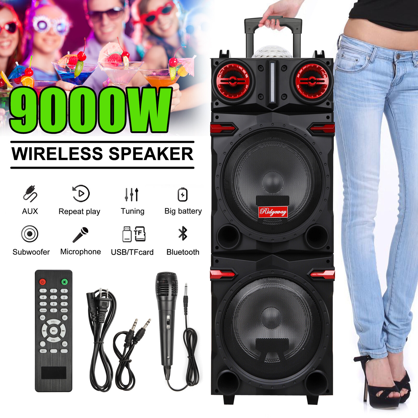 9000W Bluetooth Speaker Dual 10" Woofer Rechargable Party FM Karaok DJ ...
