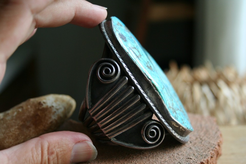 Vintage Native American Museum Gem Quality Turquoise Slab Sterling Cuff ...