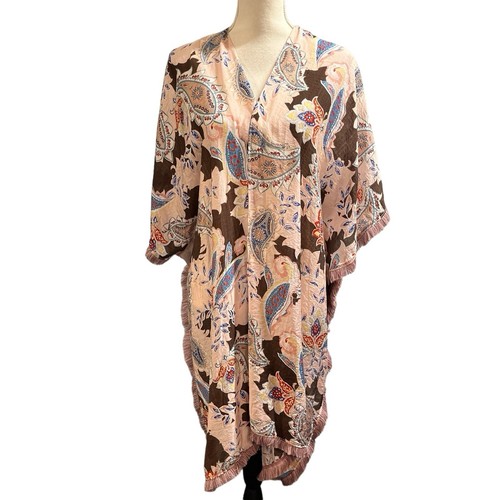 Kori Kimono Womens 1X 2X Pink Mauve Floral Fringe Trim Hi Low Flowy ...