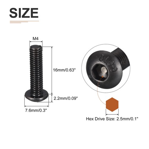 50PCS M4-0.7x16mm Button Head Socket Cap Screw Hex Drive Full Thread ...