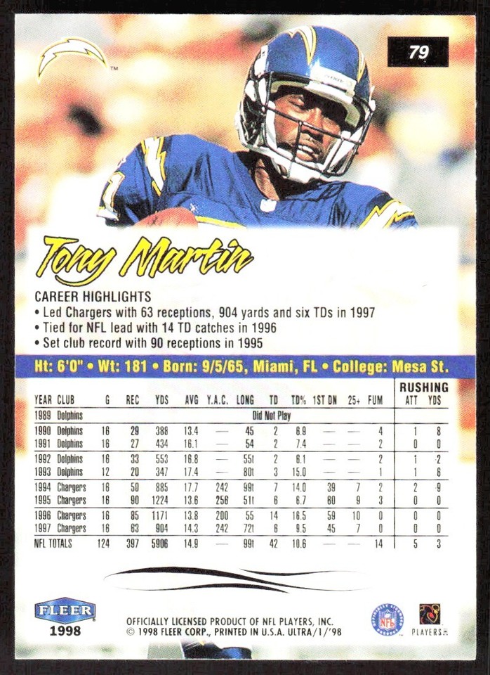1998 8360A FLEER Ultra Tony Martin San Diego Chargers #79 | eBay
